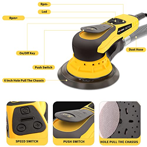 PHENDO Random Orbital Sander Brushless 350W 3A Multi-function Variable Speed Electric Corded Orbital Sanders Machine for Woodworking, car, Drywall Sanding, PolishingâŚ