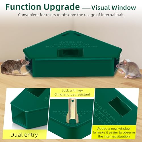 Upgraded Mouse Bait Station with Keys & Visible Window Indoor Outdoor for Rats Mice Rodents, Reusable Mouse Poisoning Bait Blocks Trap, Friendly for Children & Pets (8 Pack, Green)