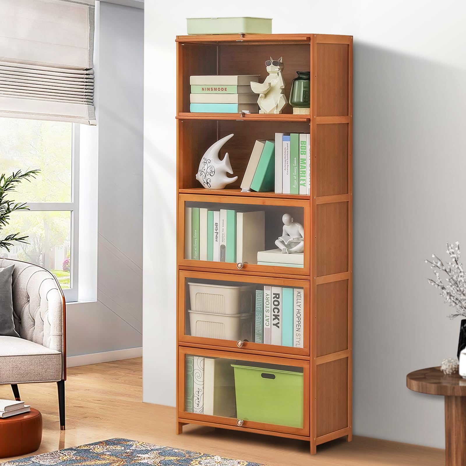 SFIHOME 68" H Bamboo Bookcase with Acrylic Doors, 5 Tier Free Standing Tall Book Shelf Storage Cabinet, Corner Bookshelf Display Organizer for Living Room Office Home, Brown