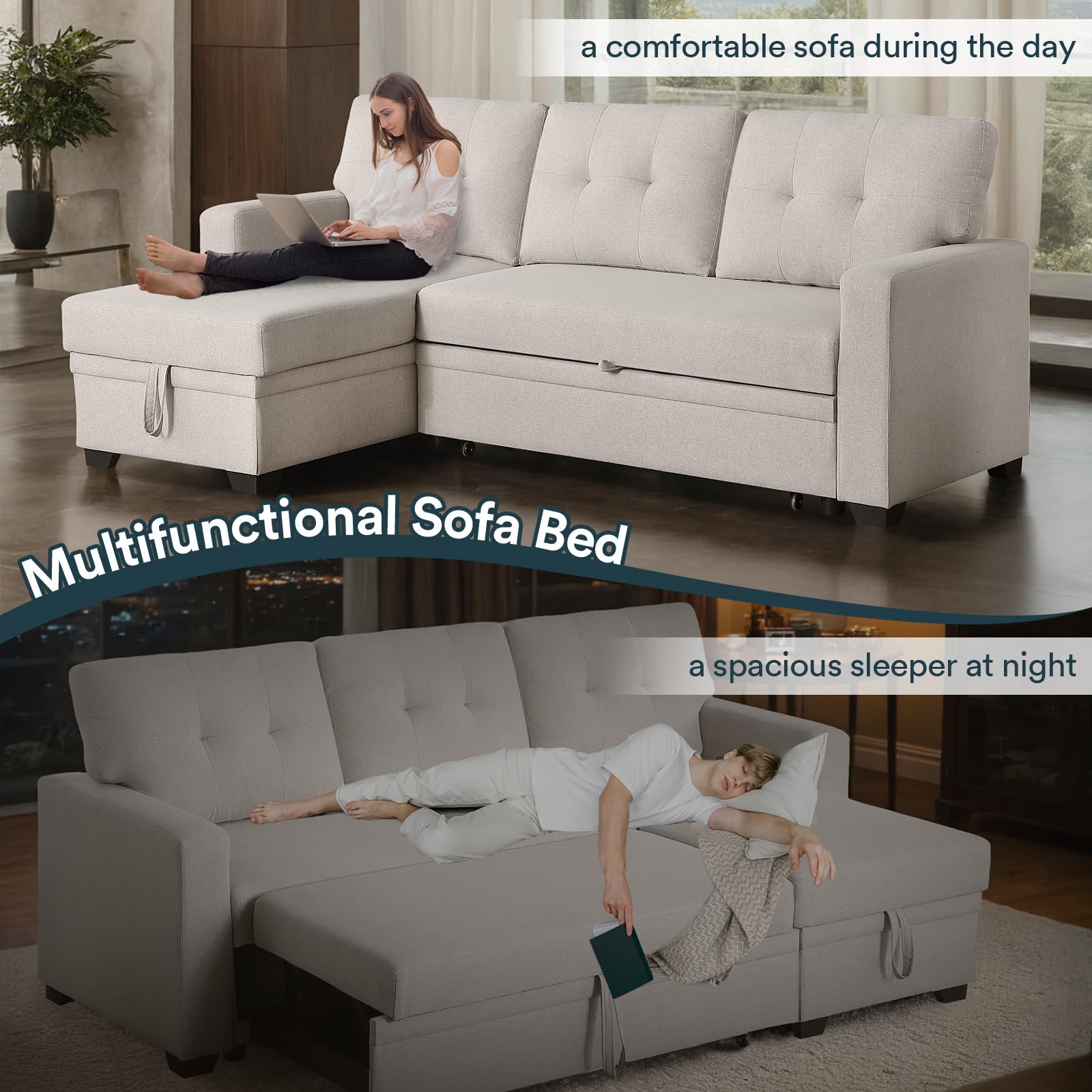 Skepphlay L Shaped Couch Sleeper Sectional Sofa Pull Out Sofa Bed Convertible Sleeper Sofa with Storage for Home Living Room, Beige