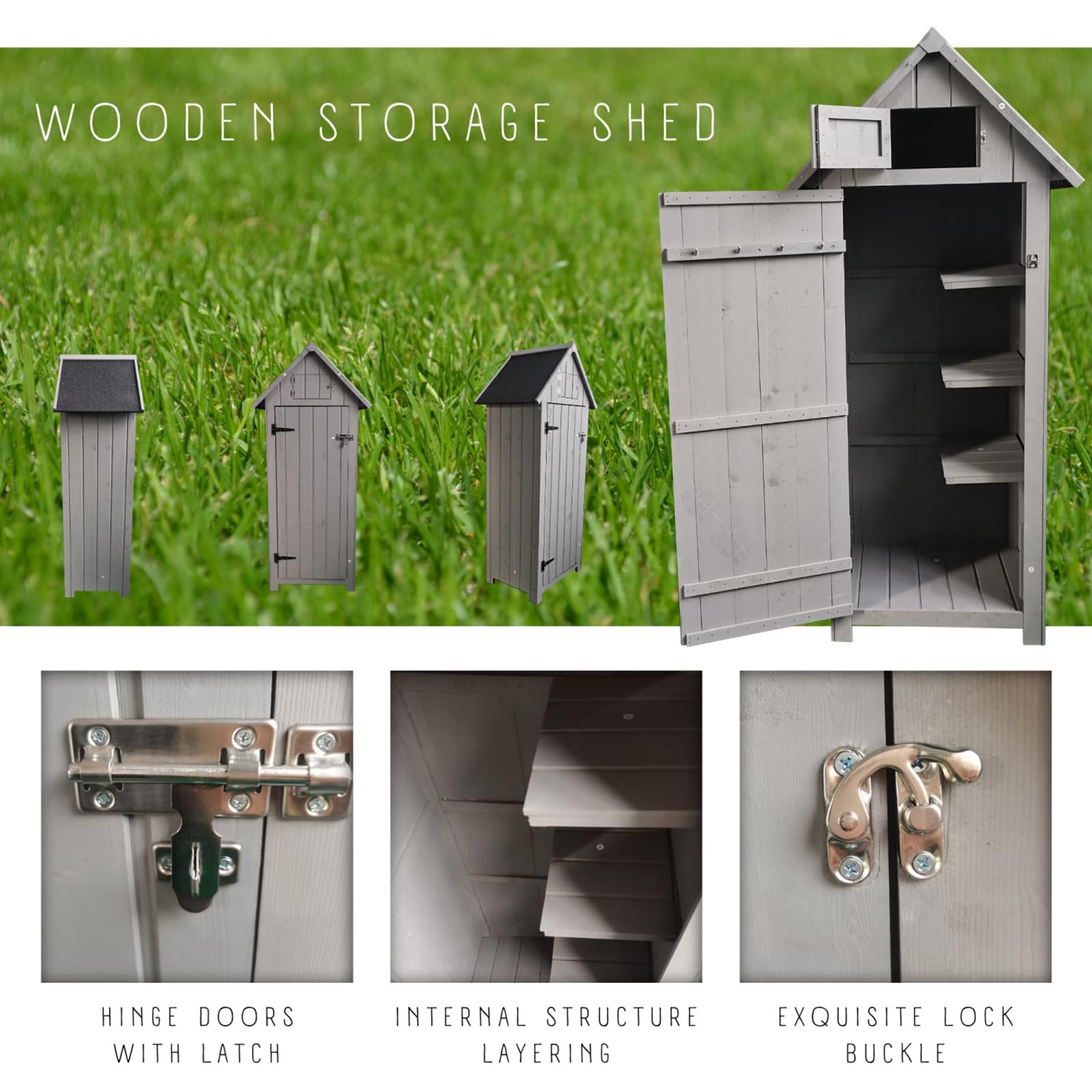 Urparcel Outdoor Storage Shed,Multifunctional Outside Tool Shed with Waterproof Asphalt Roof,Vertical Organizer Cabinet with Lockable Doors for Garden and Yard