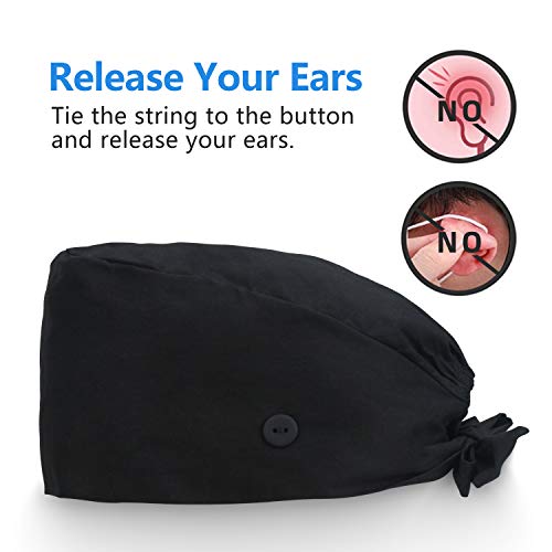 QBA Adjustable Working Cap with Button, Cotton Working Hat Sweatband, Elastic Bandage Tie Back Hats for Women & Men, One Size Black