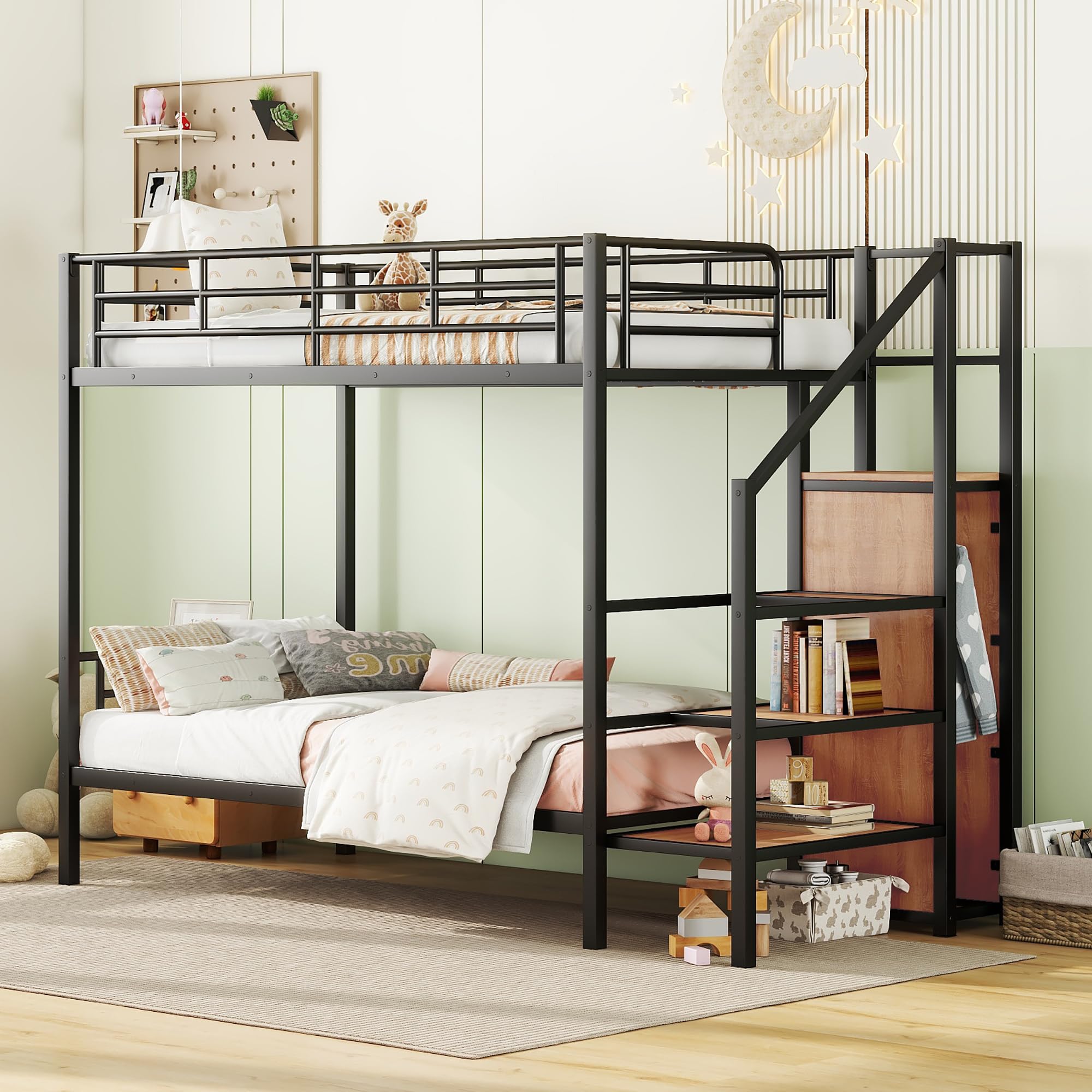 URTR Metal Twin Over Twin Size Bunk Beds, Heavy-Duty Twin Bunk Bed with Stairs and Wardrobe for Boys Girls Teens Bedroom Dormitory, Black