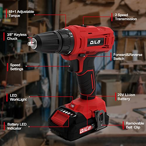 QILA 20V MAX Cordless Drill and Driver, 3/8'' Keyless Chuck, Power Drill Cordless Set with 2.0Ah Battery & Charger, Electric Drill with Variable Speed, 2 Variable Speed, 18+1Position, 22pcs Drill Bits