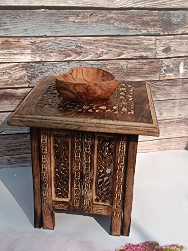 SUNDERSHALA Antique Wooden Square Shape for Adults Hand Carving Foldable Coffee Stool Indoor and Outdoor, Garden Patio Backyard (Brown, 12.76 x 12.68 x 5.55 inches)
