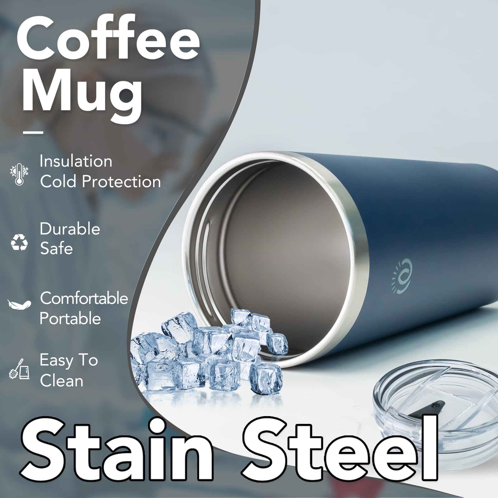 WAVETOPIA Insulated Coffee Mug with Lid, Reusable Stainless Steel Travel Coffee Cup, 16 Oz Double Wall Vacuum Spill Proof Tumbler Cups for Men and Women Hot & Cold Drinks(Aegean)
