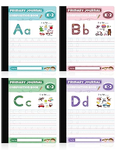 SUNEE Primary Composition Notebooks (4 Pack) - Kids Handwriting & Drawing Story Journal - Grades K-2, 9 3/4" x 7 1/2", 80 Sheets/160 Pages, Assorted Colors