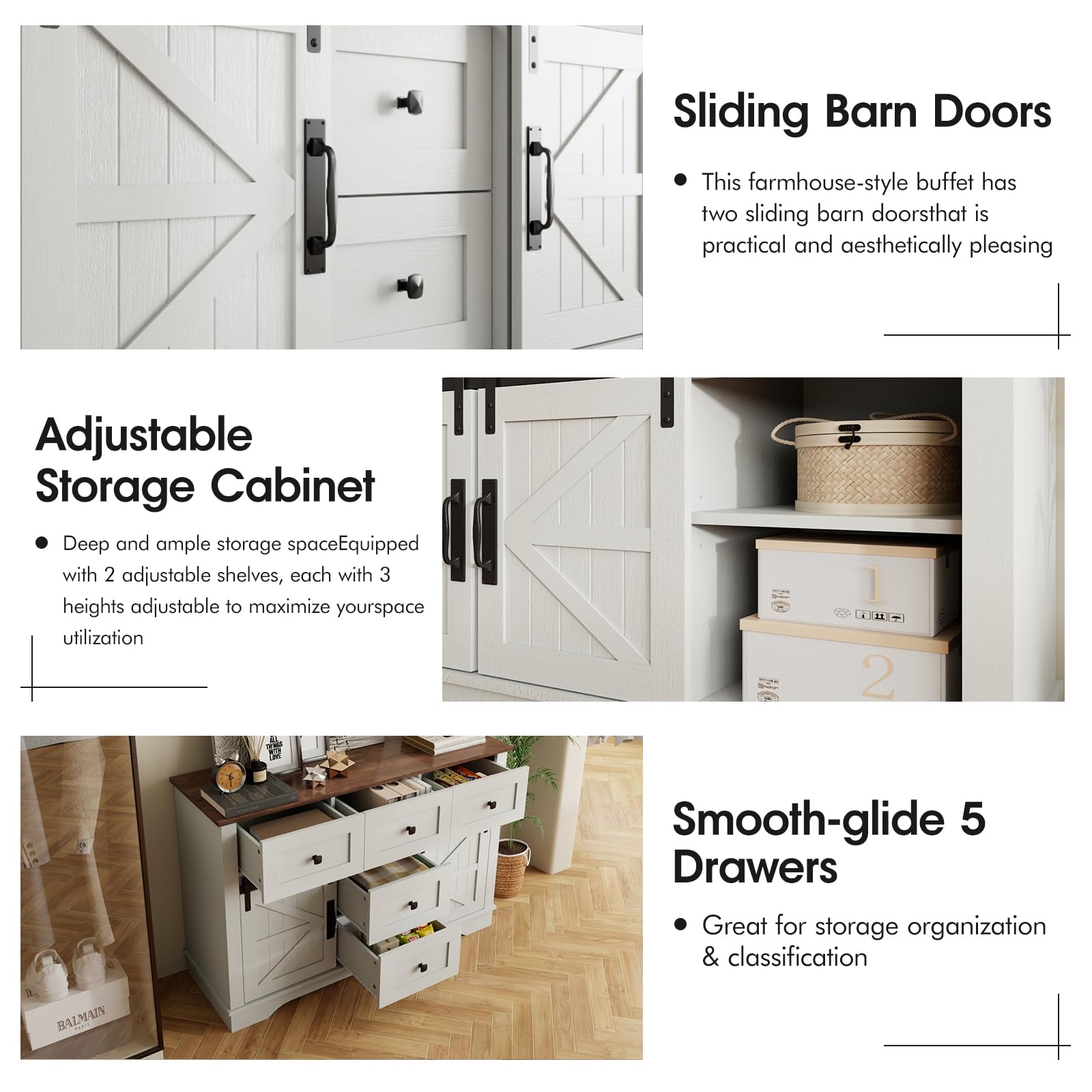 Vabches Farmhouse Sideboard Buffet Cabinet with Storage, Large Kitchen Sideboard Cabinet, Sliding Barn Doors and 5 Drawers, Adjustable Storage Shelves, Coffee Bar Table for Dining Room, White