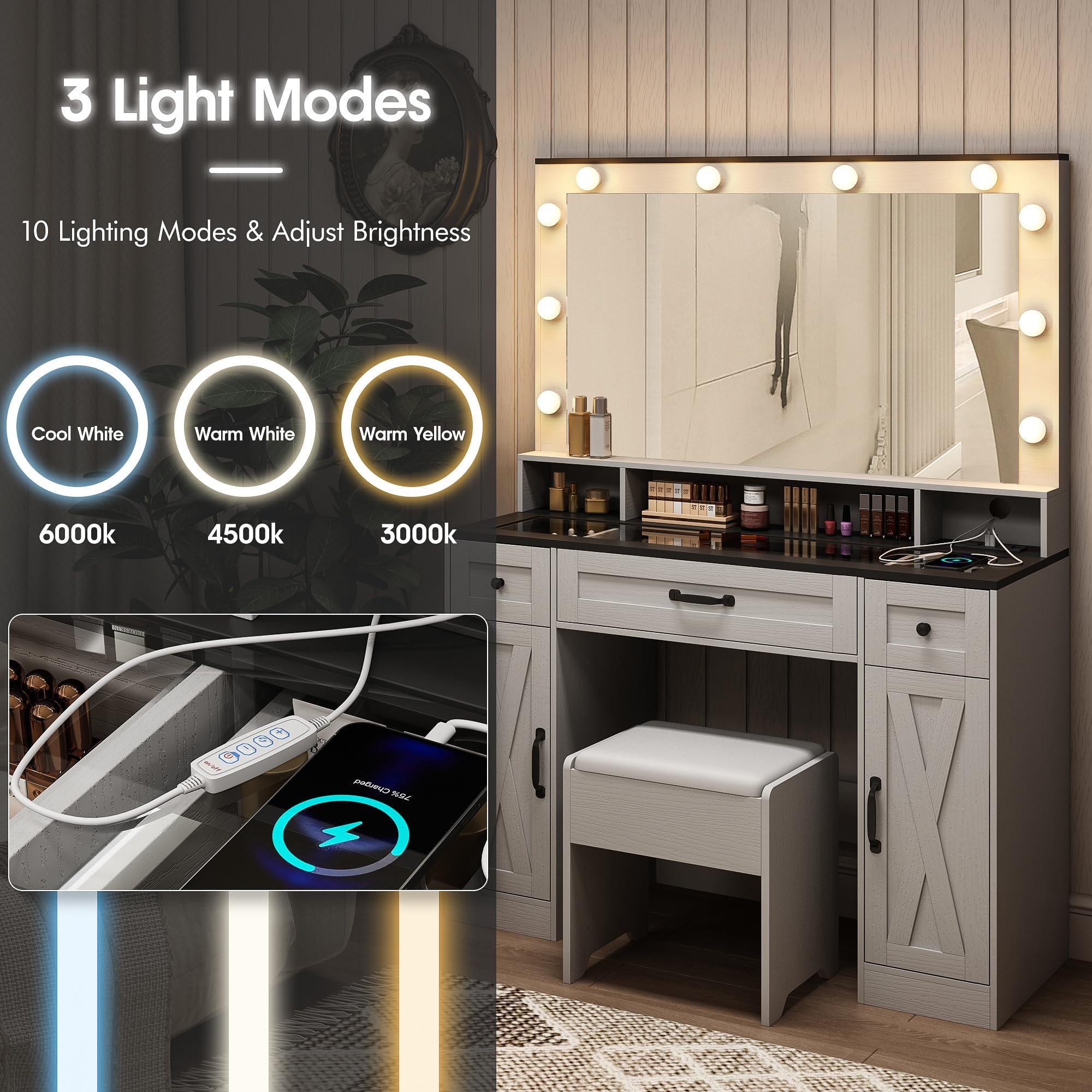 Vabches Vanity Desk with Mirror and Lights,Glass Top,Makeup Vanity Table Set with Stool,Charging Station and 3 Lighting Modes,2 Cabinets 4 Drawers Dressing Table,White