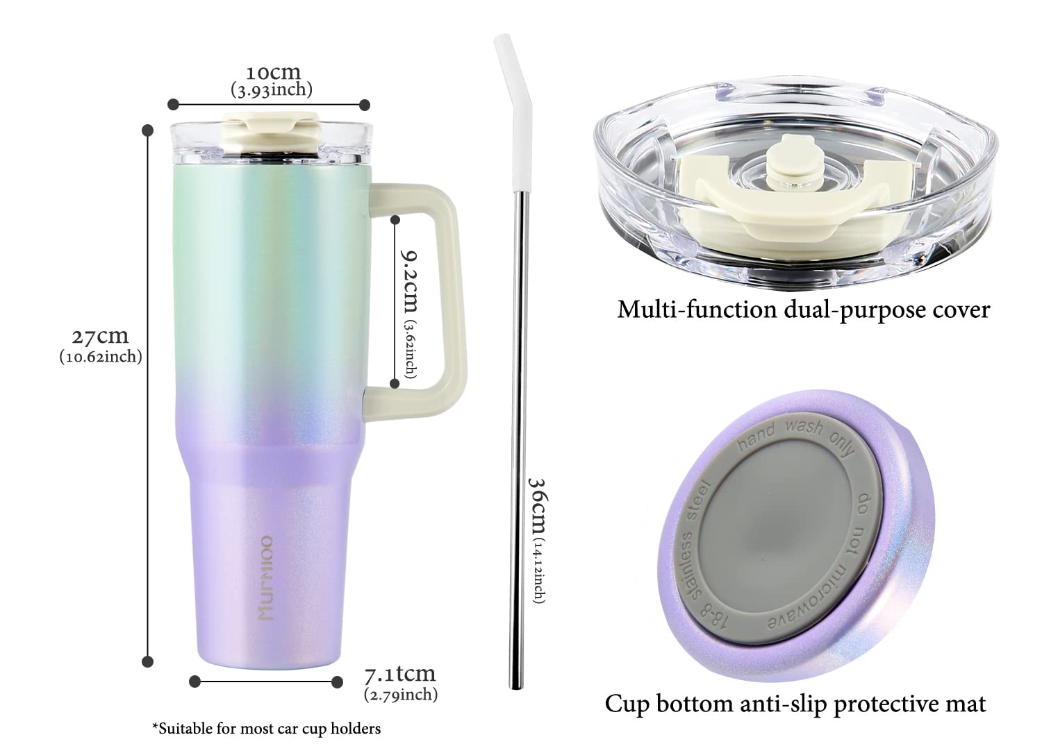 Murmioo 40OZ Tumbler with Handle and Straw,Insulated Leak Proof Stainless Steel Travel Mug,Reusable Water Bottle Cup,Maintains Cold, Heat, and Ice for Hours(Purple green gradient)