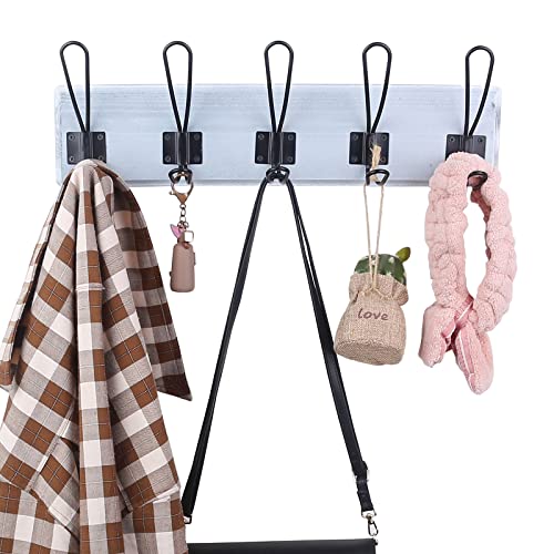 Rustic Coat Rack - Wall Mounted Solid Pine Wood 17" Entryway Coat Hooks - Rustic Hooks for Hanging Coats,Jacket,Clothes,Hats (1 Item Five Hooks, White with Black Hooks)