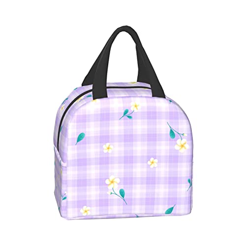 Plumeria Purple Lilac Violet Flower On Purple Plaid Lunch Box Bento Box Insulated Lunch Boxes Reusable Waterproof Lunch Bag With Front Pocket For School Office Picnic