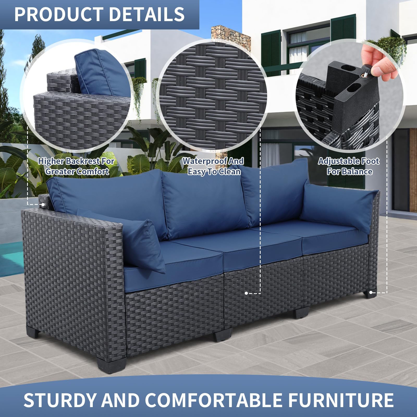 Valita 3-Seat Outdoor Rattan Sofa Patio Couch Black PE Wicker Loveseat Seating Furniture with Washable Navy Blue Cushions