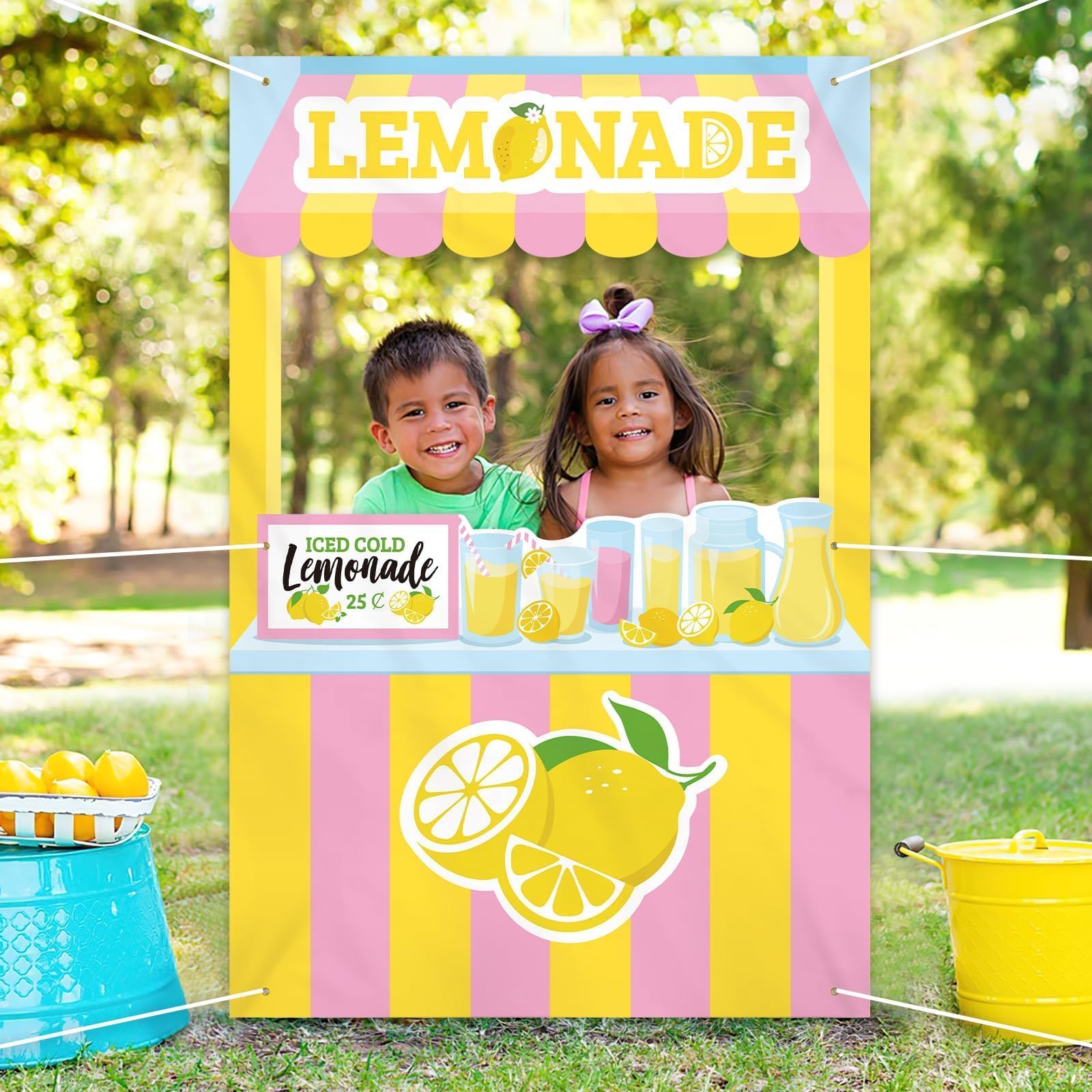 Vansolinne Lemon Party Supplies Lemonade Stand Backdrop Banner Lemon Photo Booth Props Decorations Fabric Selfie Frame Prop for Summer Birthday Bridal Baby Shower Supplies
