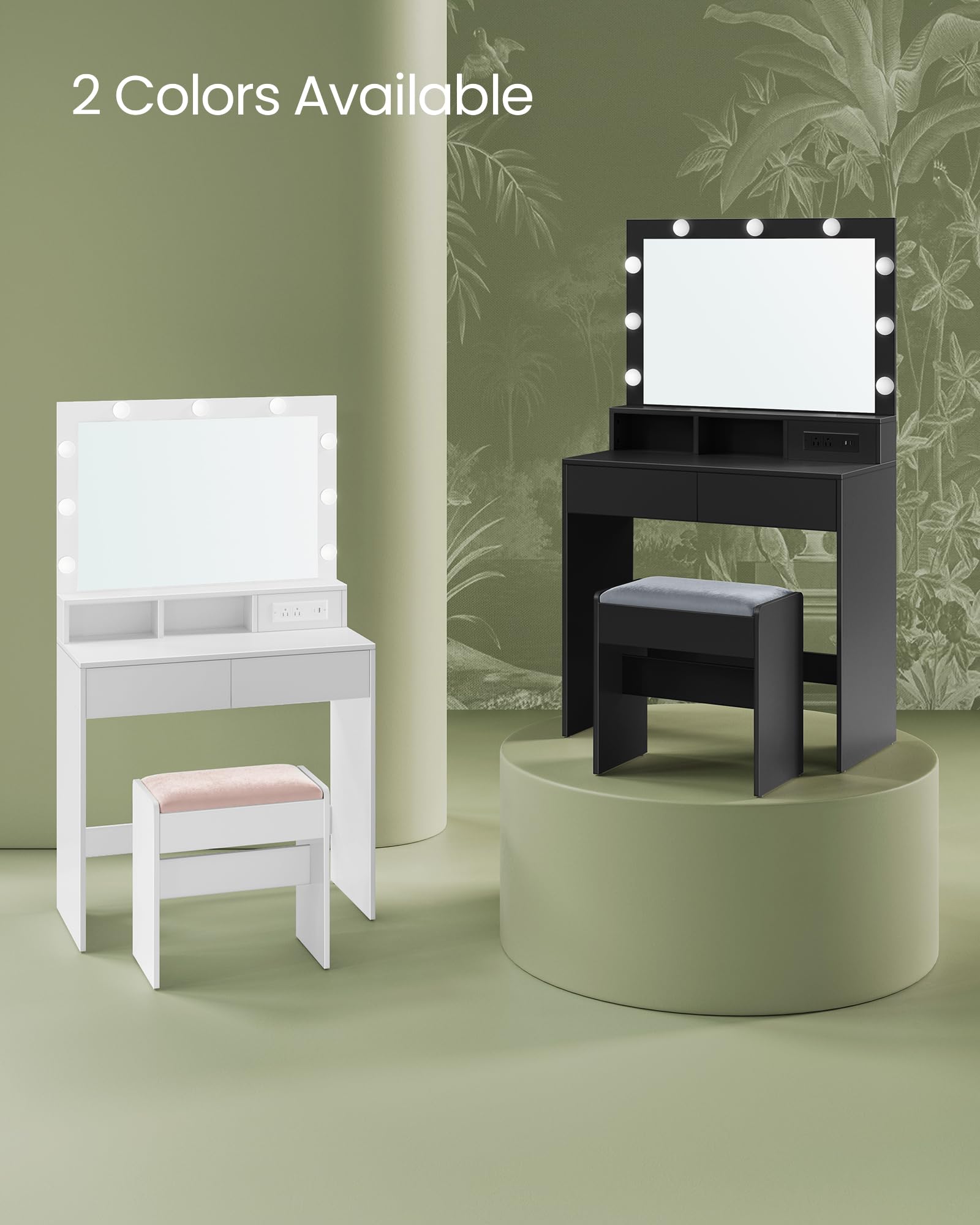 VASAGLE Vanity Desk with Power Outlets, Makeup Vanity with Mirror and Lights, with Upholstered Vanity Stool, 9 Dimmable LED Lights, 2 Compartments, 2 Drawers, for Bedroom, Ink Black URDT029B01