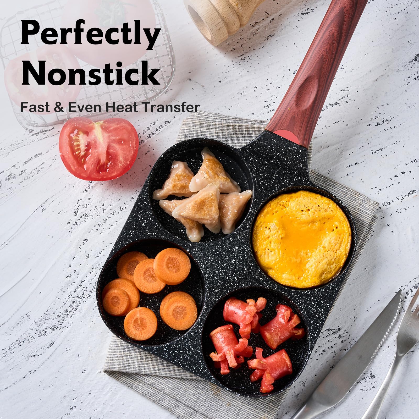 SNOWCLAD Egg Pan, 4-Cup Nonstick Granite Omelette Skillet,Non Stick Pancake Frying Pan for Breakfast,Suitable for Gas Stove & Induction Cookware - Black