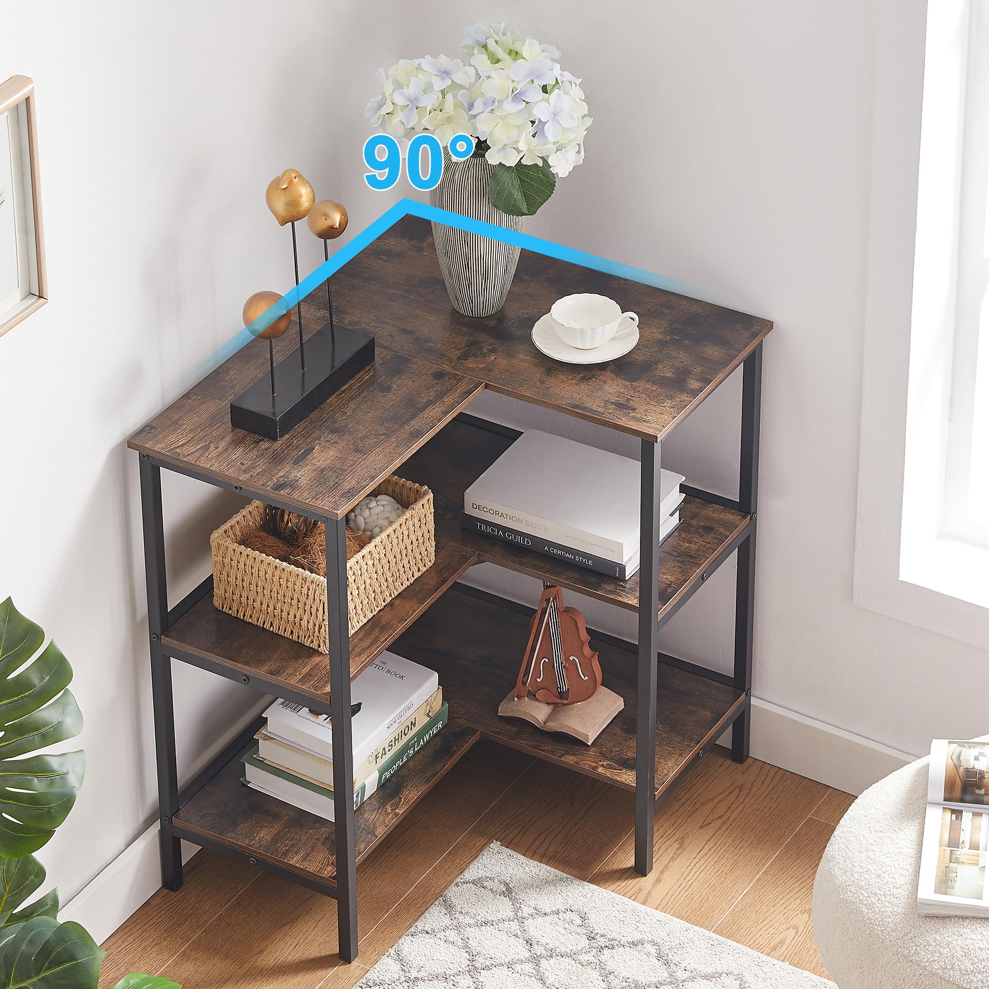 VECELO Corner Cabinet Table with 3 Tier Open Shelf, Multipurpose Display Organizer Storage Stand, for Small Space Living Room Home Office Kitchen, Rustic Brown