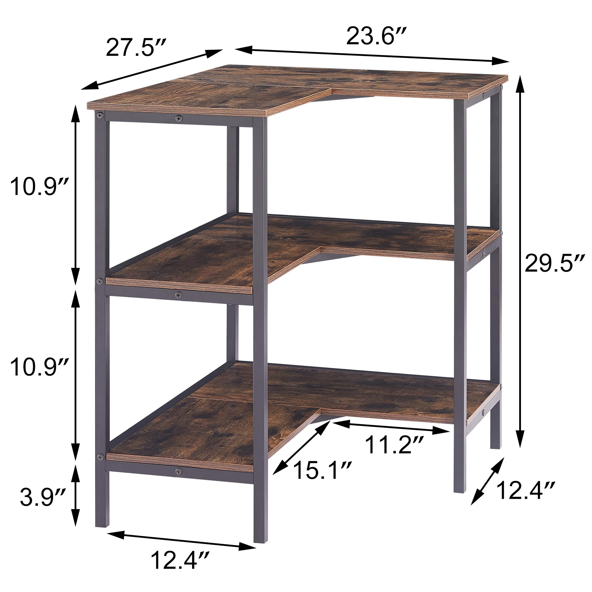 VECELO Corner Cabinet Table with 3 Tier Open Shelf, Multipurpose Display Organizer Storage Stand, for Small Space Living Room Home Office Kitchen, Brown