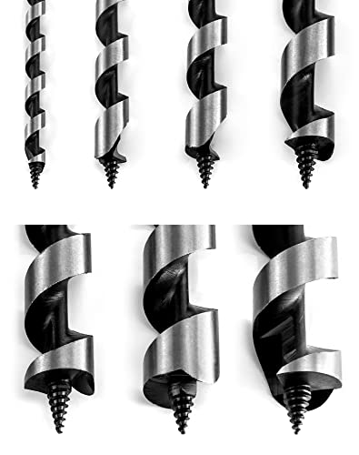 QWORK Auger Drill Bit Set, 7 Piece Set 9" Auger Bit Set Hardened Alloy Steel Ship Auger Bit Creates Deep Clean Hole Precise Drilling for Wood Drilling 1/4", 3/8", 1/2", 5/8", 3/4", 7/8",1"