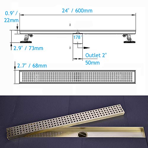 Nicmondo Linear Shower Drain 24 Inch, Bathroom Rectangular Floor Drain with Removable Cover Grid Grate, Adjustable Leveling Feet, Hair Strainer, SUS304 Stainless Steel Trench Drains, Brushed Gold