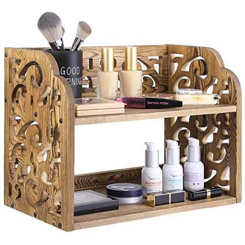 MyGift 2 Tier Dark Brown Solid Wood Desktop Storage Display Shelf with Scrollwork Cutout Design, Study Desk Bookcase for Dorm Room, Office and Home Decor
