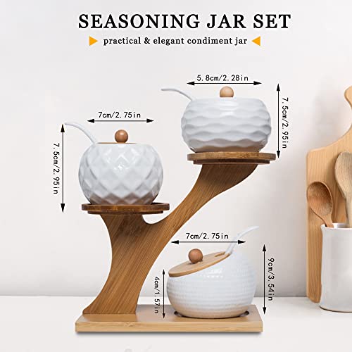 Porcelain Condiment Jar Set, Spice Jars with Bamboo Lids and Spoon, Wooden Tray, 170 ML (5.8 OZ), Used to Store Tea, Spices, Coffee, Set of 3(White)