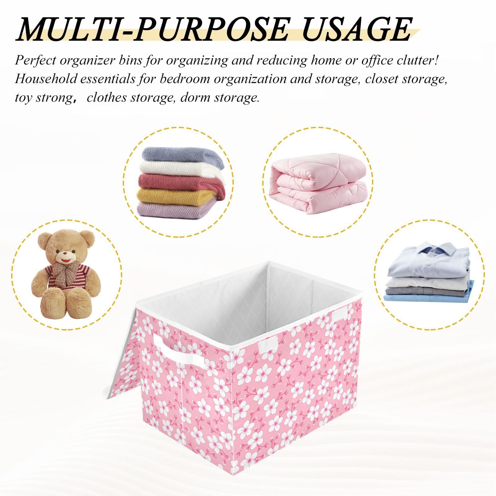 White Pink Cherry Blossom Storage Bins with Lids Collapsible Storage Cubes Containers Box Closet Organizer Fabric Storage Basket for Bedroom Shelves Clothes Nursery Office Gifts Home Decor