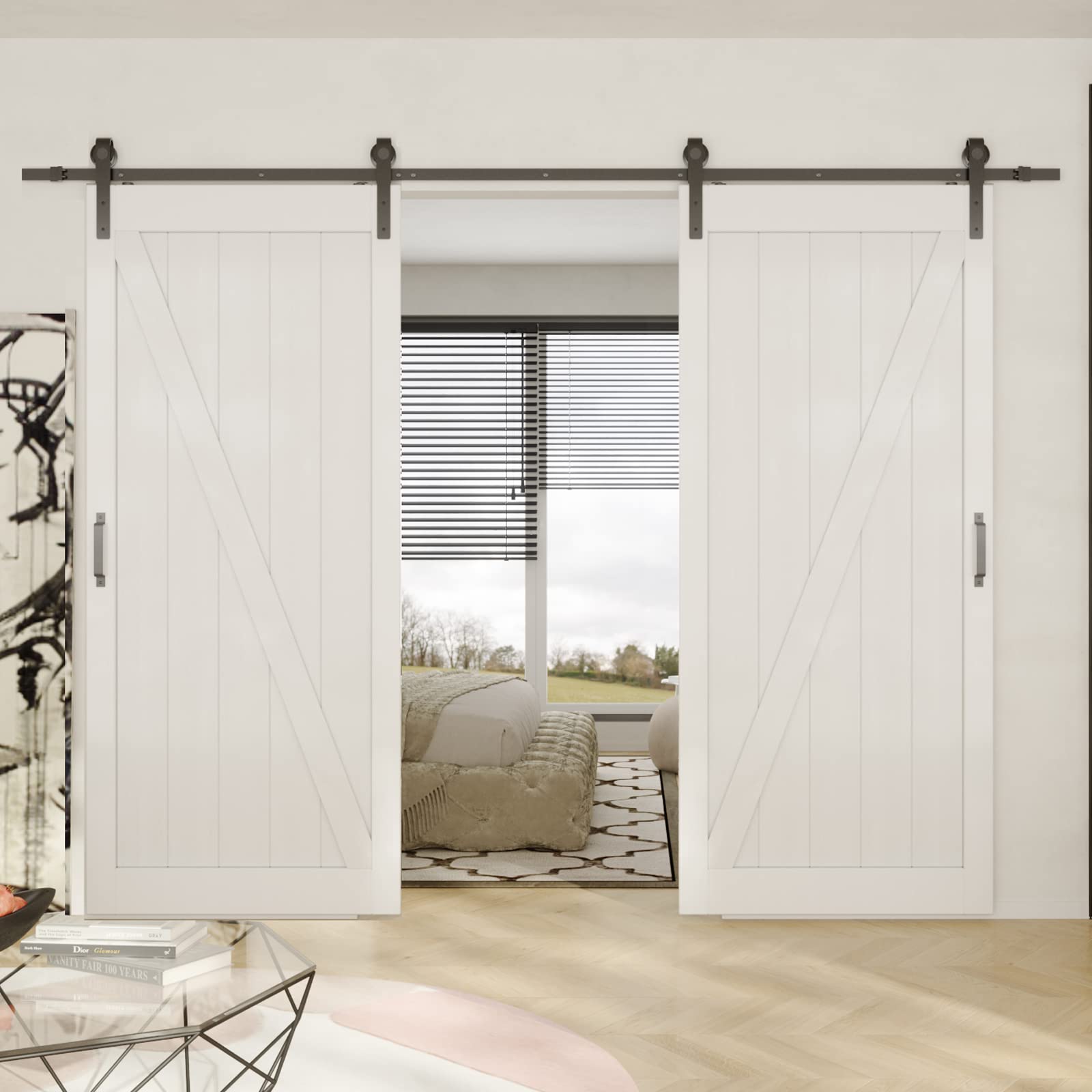 SOLRIG Rustic Sliding Barn Door 72"(36"X 2) ×84" Unfinished Barn Door Slab Barn Door Hardware Included, Z Frame, White