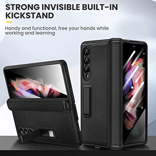 Ruky for Samsung Galaxy Z Fold 3 Full Body Case, Magnetic Kickstand, Hinge Protection, Built-in Screen Protector PU Leather Stand Case for Samsung Galaxy Z Fold 3 5G, Black