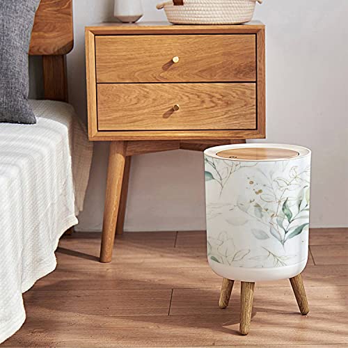 Small Round Trash Can Watercolor Floral Botanical Green Gold Leaves Branches Recycle Bins with Press Top Lid Dog Proof Wastebasket for Kitchen Bathroom Bedroom Office 7L/1.8 Gallon