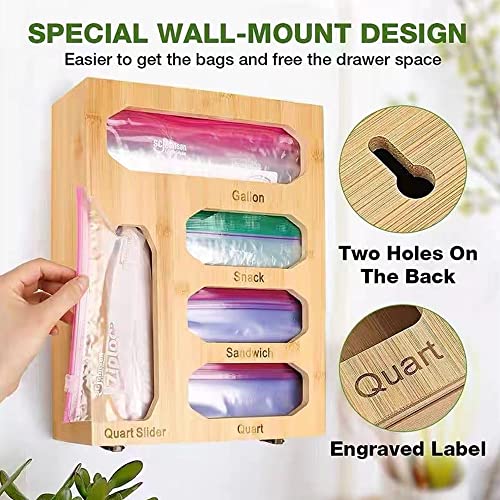 Sandwich Baggie Organizer, 5 Slots Ziplock Bag Storage Organizer, Bamboo Ziplock Bag Storage Organizer, for Kitchen Drawer & Wall Mount, Suitable for Gallon, Quart, Sandwich, and Snack Bags