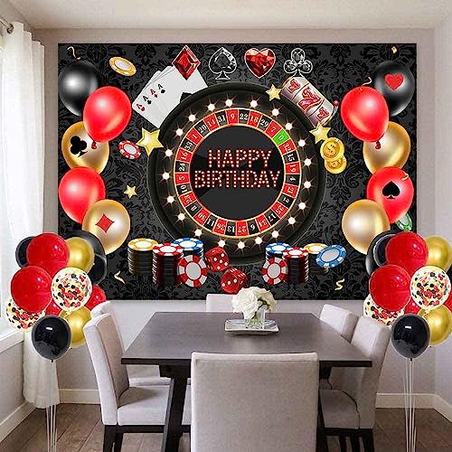 Sensfun Casino Birthday Backdrop Poker Las Vegas Birthday Party Background Roulette Chips Casino Night Theme Birthday Decorations Backdrops Cake Table Banner Photo Booth Props Vinyl 7x5ft