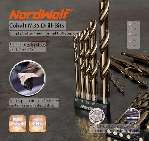 NordWolf 5-Piece M35 Cobalt Drill Bit Set for Stainless Steel, Hard Metals & Cast Iron, Jobber Length with 1/4" Hex Shank, SAE Sizes 3/16"-1/4"-5/16"-3/8"-1/2"