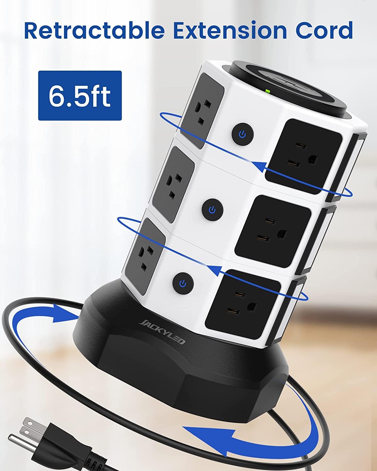 Power Strip Tower with Wireless Charger - Surge Protector with USB, JACKYLED Electric Outlet 13A 10 AC Outlets 4 USB Ports 6.5ft Extension Cord for School Dorm Office Home Desktop Computer White Black