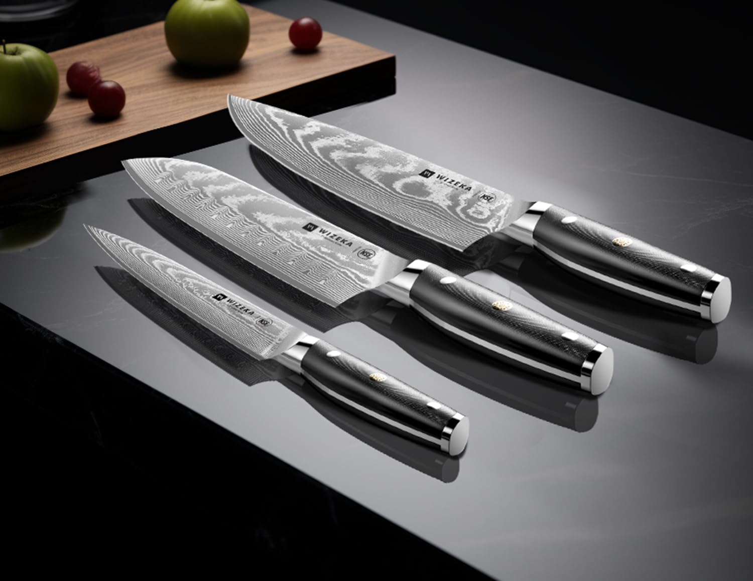 WIZEKA Damascus Knife Set 3 PCS,Super Sharp Kitchen Knife Set Made of Japanese Steel VG10,Full Tang Professional Chef Knife Set With G10 Ergonomic Handle