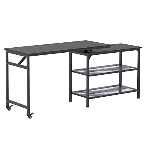 soges Reversible L Shaped Desk, 360° Free Rotating Corner Computer Desk, 47 inch L Desk with Storage Shelves for Home Office, Modern Study Writing Table Workstation, Black