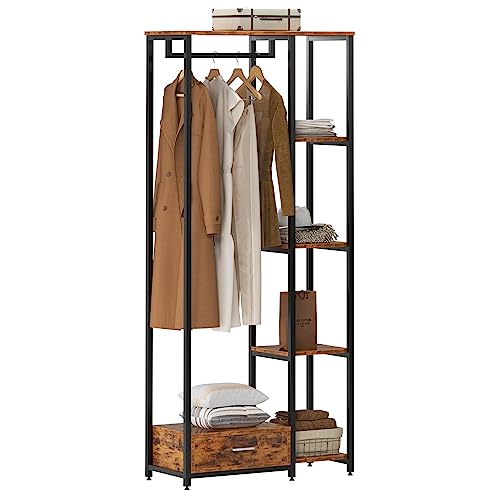 SogesGame Clothes Rack for Hanging Clothes, Black Clothing Rack with Shelves and Drawer, Freestanding Garment Rack for Bedroom Wardrobe Rack for Hanging Coats, Shirts, Skirts, Sweaters