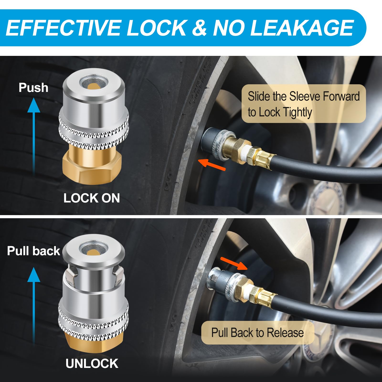 WNCGC Air Chuck,1/4 FNPT Closed Flow Brass Tire Air Chuck, Locking Air Chuck Quick Connect for Inflator Gauge Compressor Accessories (2 Pack)