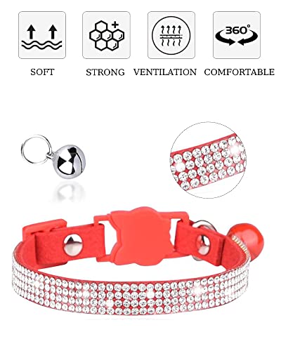 Solmoony Breakaway Cat Collars with Bell,Adjustable Safe Kitten Collar,Cat Collars for Girl Cats with Rhinestone Soft Velvet (Pink)