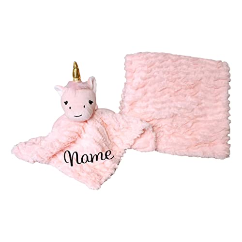 SONA G DESIGNS Deluxe Personalized Baby Security Blanket Lovey and Swaddle Blanket Set with Custom Embroidered Name for Babies Boy and Girl (Pink Unicorn with Embroidered Name)