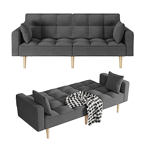 Senfot Sofa Couch, 78”W Sleeper Sofa Bed, Linen Futons with Upholstered Button Tufted Design, Convertible Futons with Thickened Wood Leg for Living Room, Bedroom and Office in Dark Grey