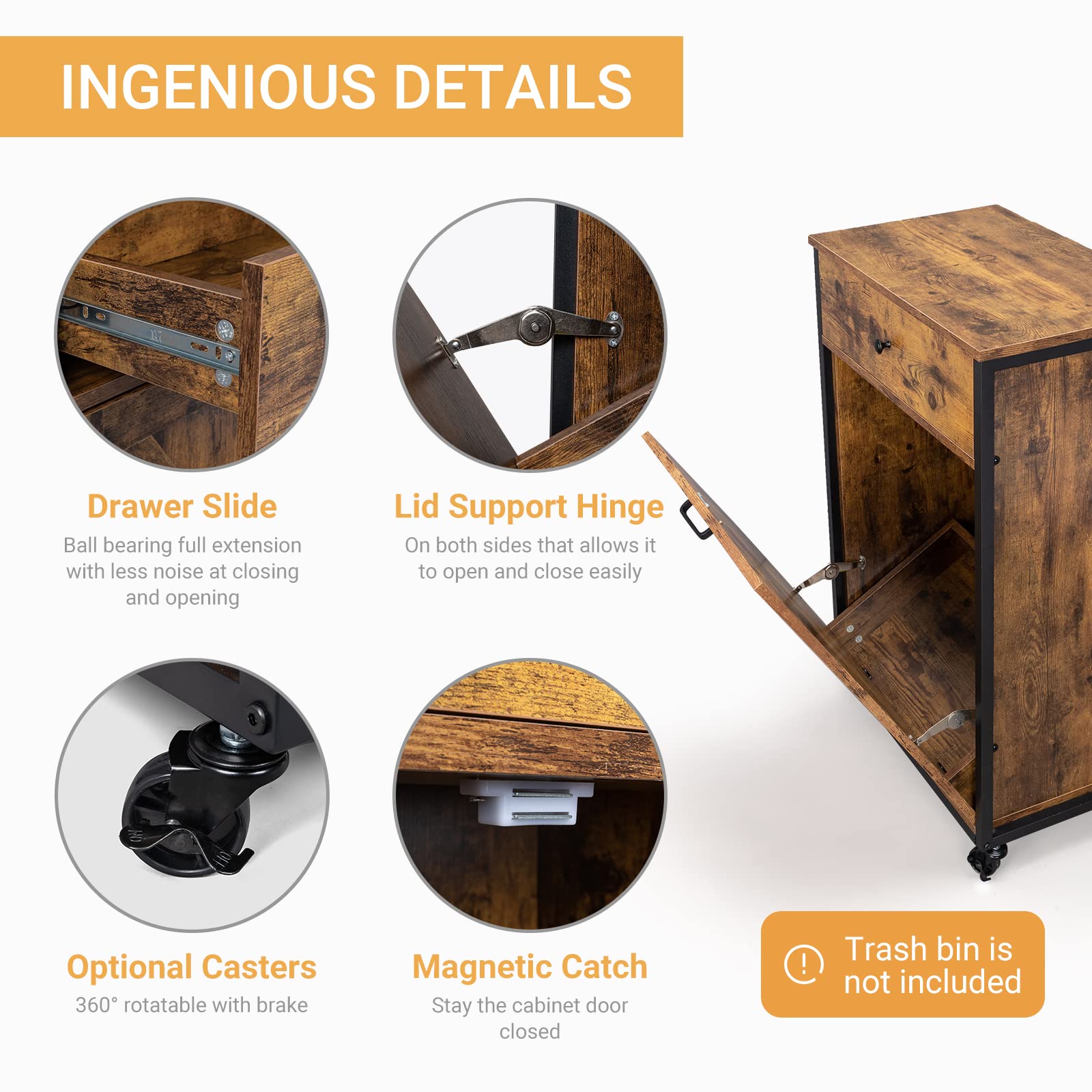 VINGLI 13 Gallon Tilt Out Trash Cabinet, Wood Hidden Trash Can Kitchen Cabinet with Drawer, Movable/Freestanding Pet Proof Storage Organizer, Laundry Basket Living Room Storage, Rustic Brown