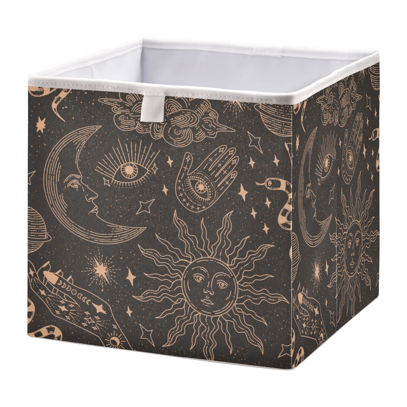 Vnurnrn Fabric Cube Collapsible Storage Cube Boho Celestial Snake Print, Storage Bins with Support Board, Foldable Basket for Shelf Closet Cabinet 11.02ร11.02ร11.02 in
