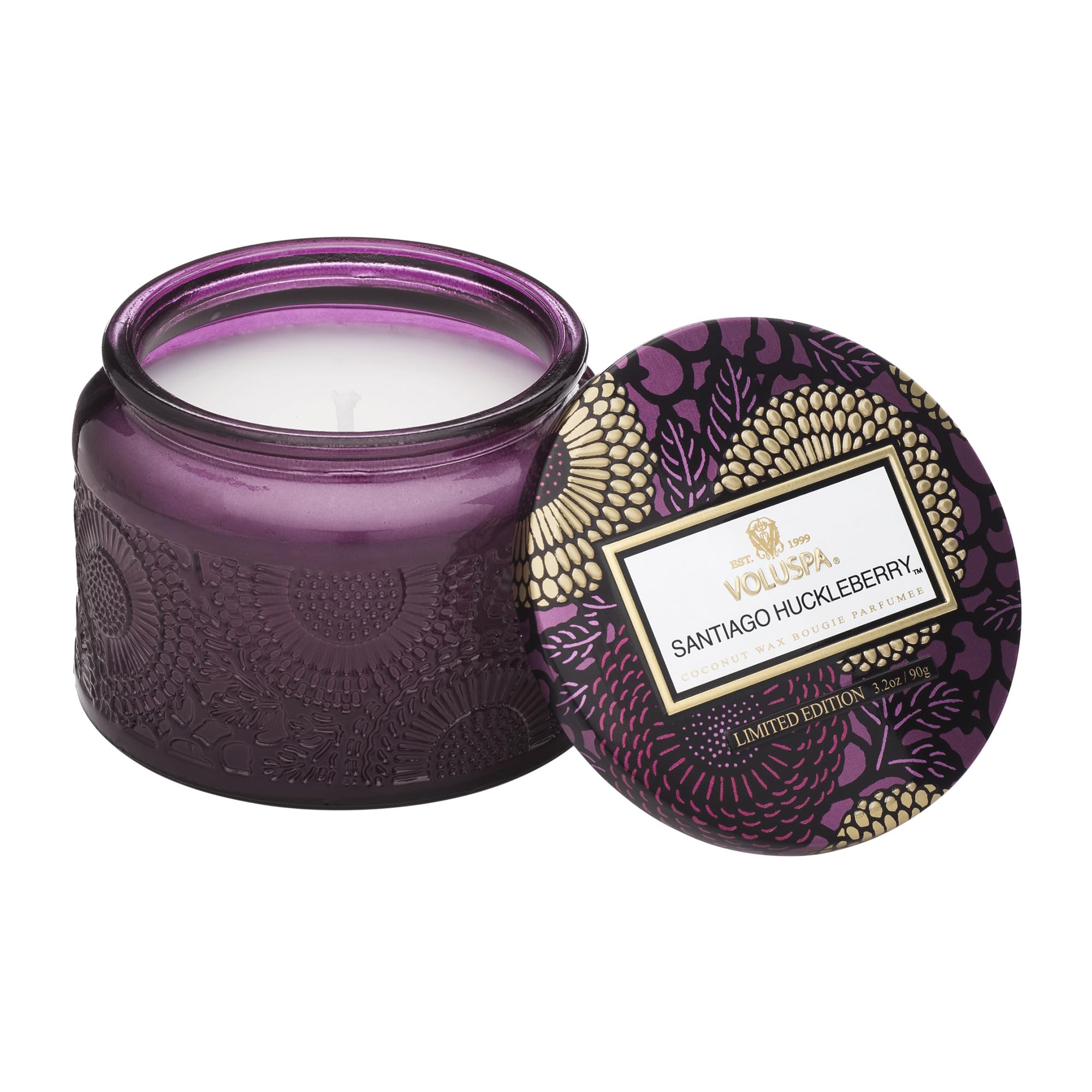 Voluspa Santiago Huckleberry, Petite Candle Jar, 3.2 Ounce, 25 Hour Burn Time, All Natural Wicks and Coconut Wax for Clean Burning, Vegan, Poured in the USA