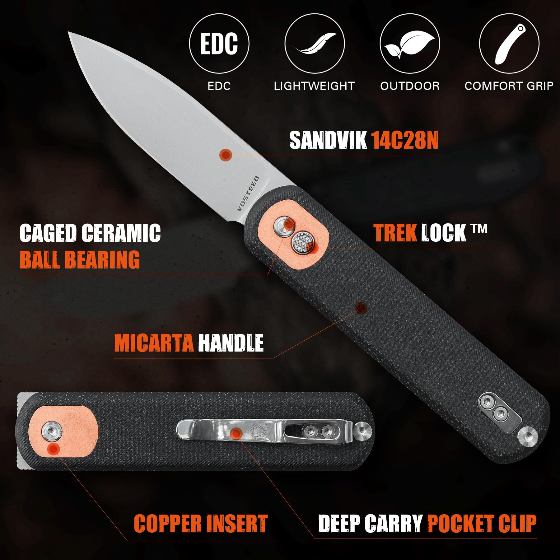 Vosteed Corgi Small Folding Knife, Flipper Knife with Clip for Men Women Gifts, Patented Trek Lock Pocket Knife 2.99" Sandvik 14C28N Blade, Micarta Handle for EDC