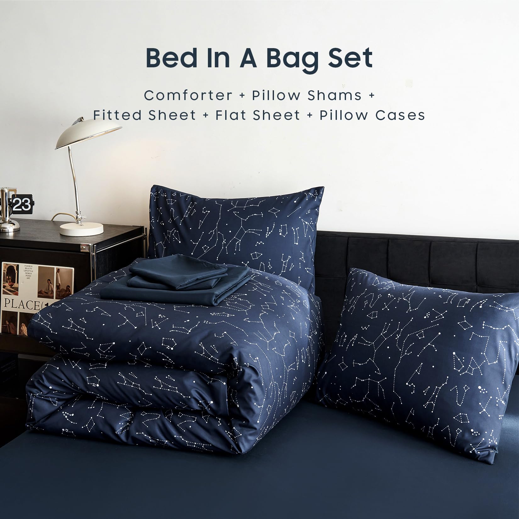 Wake In Cloud - Constellation Comforter Set with Sheets, Celestial Space Star Galaxy Astrology Lightweight Bedding for Teen Kids Boys Girls, 7 Pieces Bed in a Bag, Navy Blue, King Size