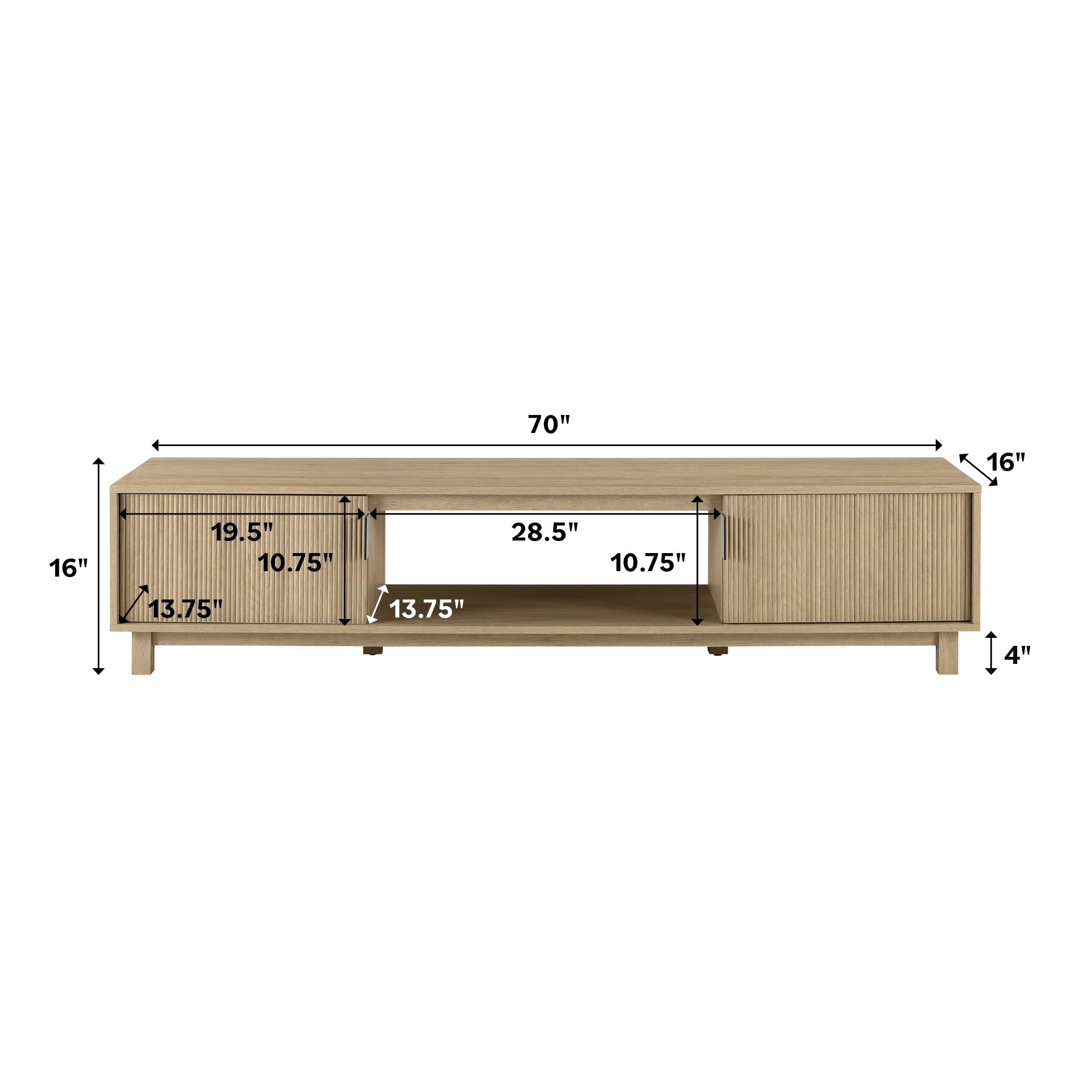 Walker Edison Walton Modern Fluted-Door Low Stand for TVs up to 80 Inches, 70 Inch, Coastal Oak