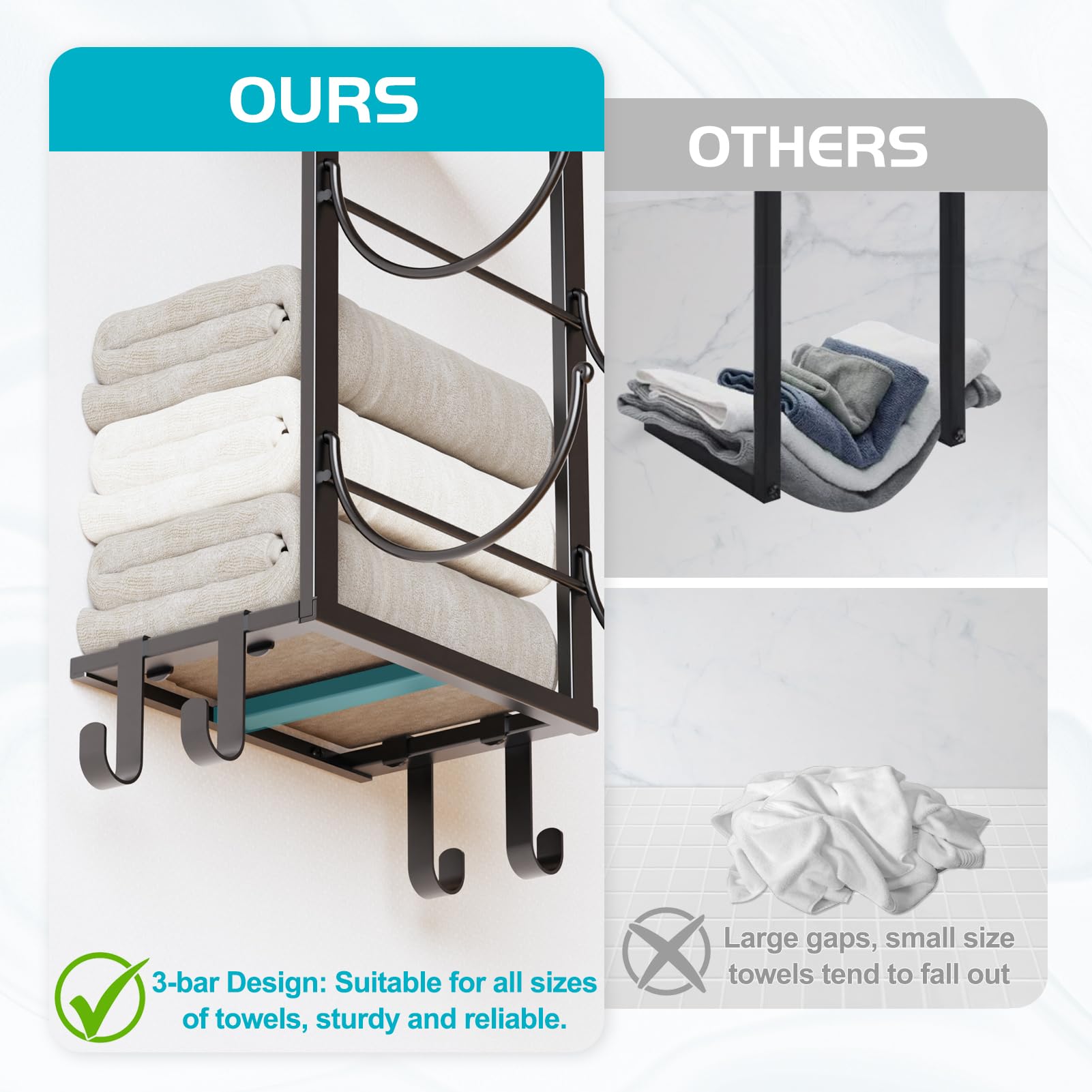 Wall Mounted Towel Rack for Rolled Towels, Oppro Double-Sided Wall Towel Storage for Small Bathroom with Shelf & Hooks, Upgrade Bath Towel Racks Holds 6 Large Size of Rolled Towel, Black