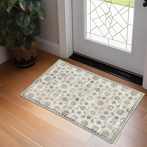Washable Entryway Rug 2x3 Ultra Thin Small Soft Area Rug Non Slip Rubber Backing Indoor Door Mat Indoor Entrance Rug Vintage Distressed Floral Print Throw Carpet for Kitchen Bedroom Living Room