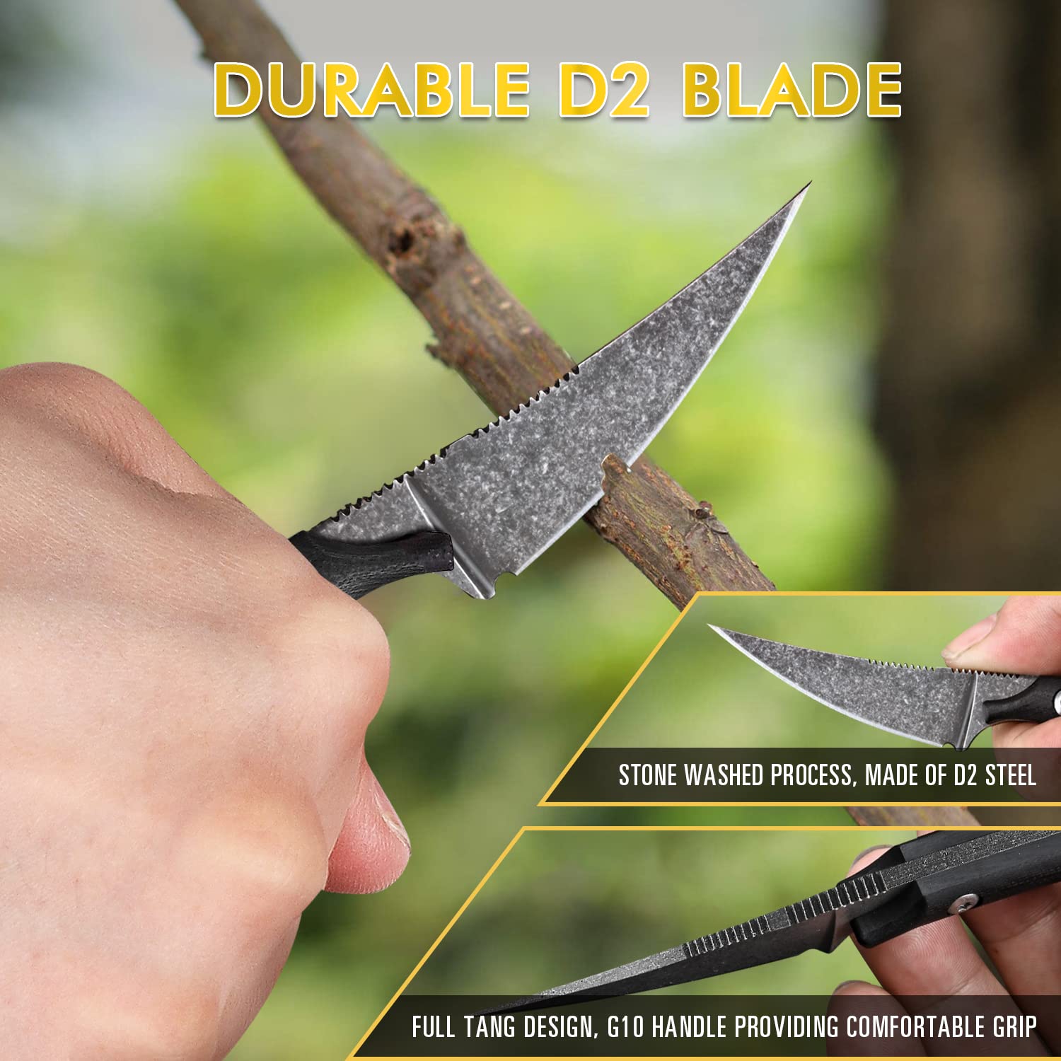 ITOKEY 6.34'' Tactical Knife, Cool Belt Knife, EDC Fixed Knife with Kydex sheath, D2 Blade, G10 Handle, Full Tang Knives for Men, Survival Knifes for Outdoor Camping Hunting